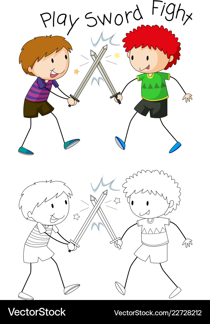 Doodle Jungs spielen Schwertkampf Lizenzfreies Vektorbild