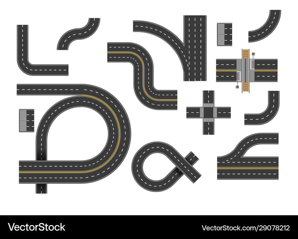 Road curves and bending highway roads top view set