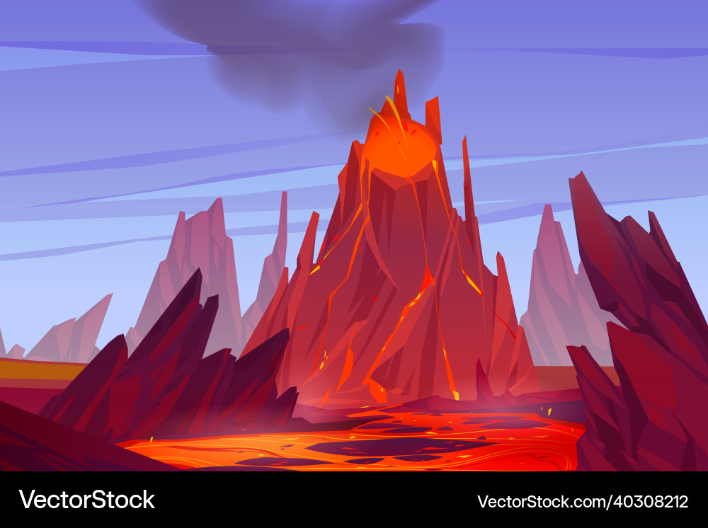 Volcanic eruption with lava fire and smoke Vector Image