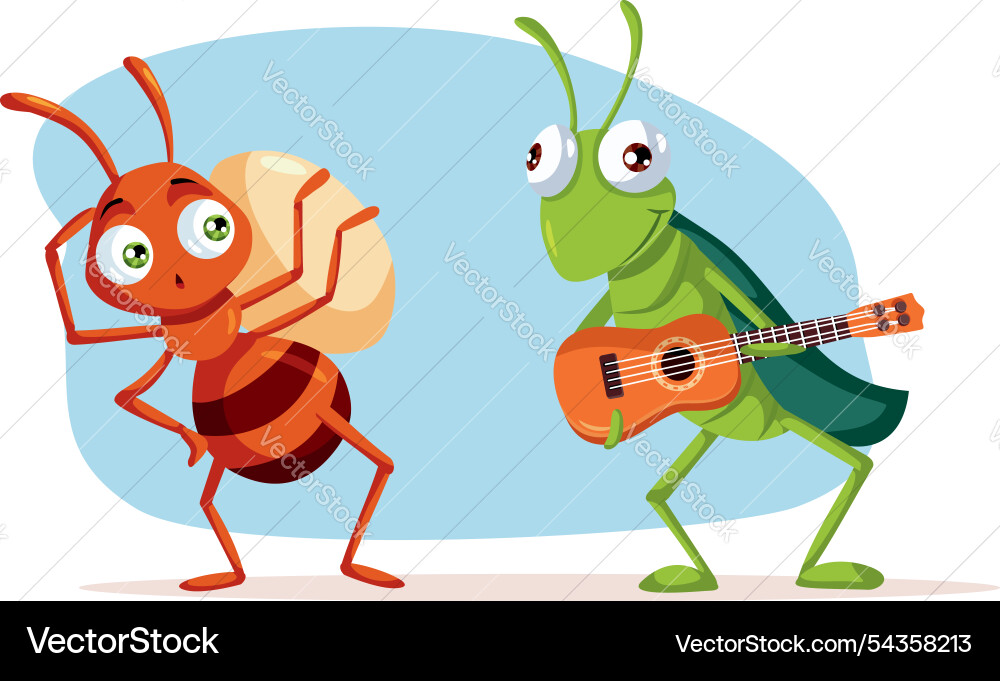 Ant and the grasshopper fable cartoon Royalty Free Vector