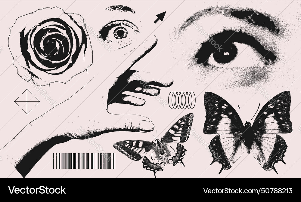 Halftone elements set with 90s retro photocopy Vector Image