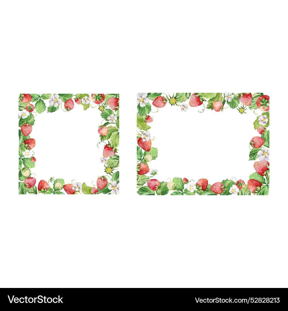 Watercolor strawberry frames set Royalty Free Vector Image