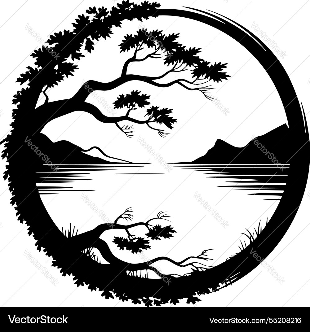 Line art mountain lake and tree landscape – Royalty-Free Vector ...
