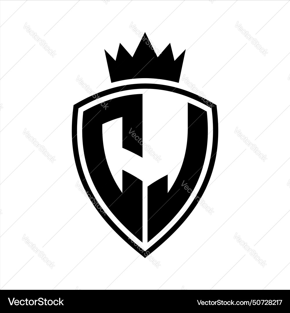 Cj letter monogram shield and crown outline shape Vector Image