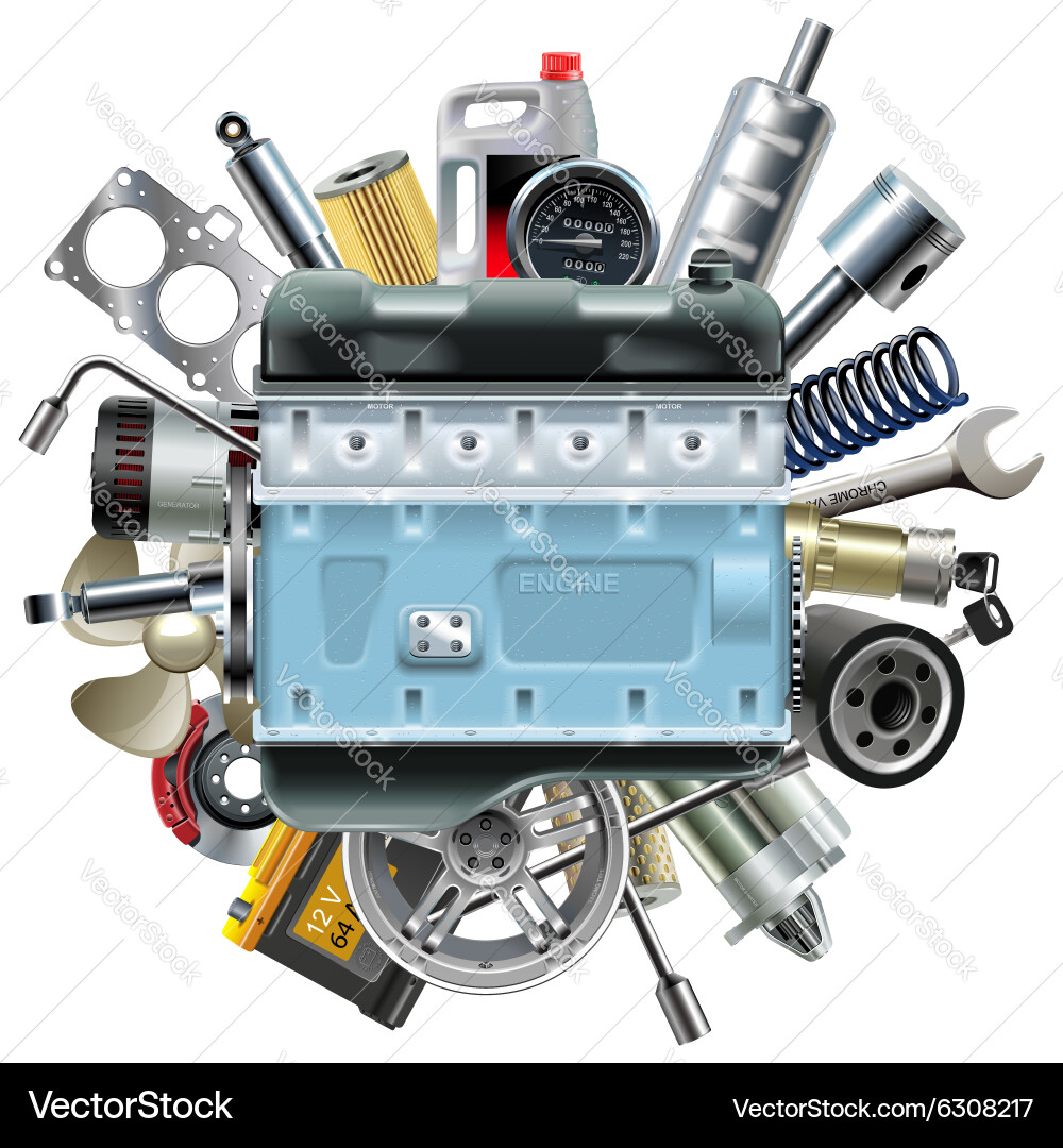 Motor engine with car spares Royalty Free Vector Image