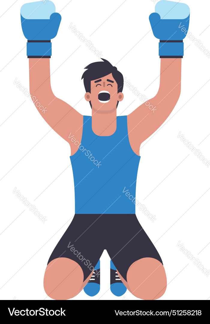 Happy winning boxer in blue kneeling Royalty Free Vector