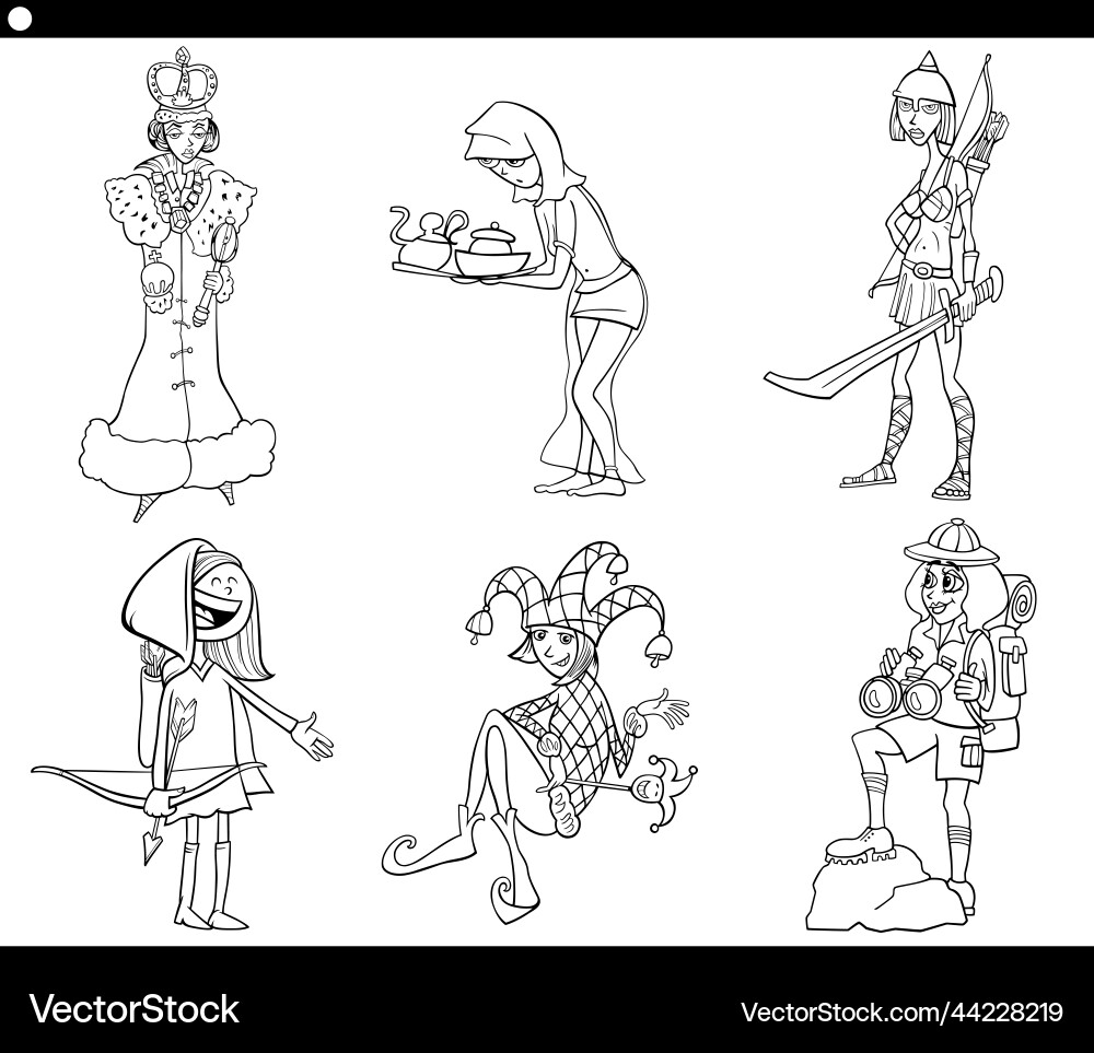 Cartoon woman comic characters set coloring page Vector Image