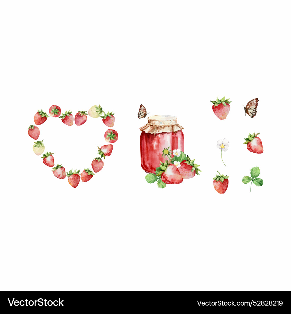 Watercolor strawberry set wit wreath berry Vector Image