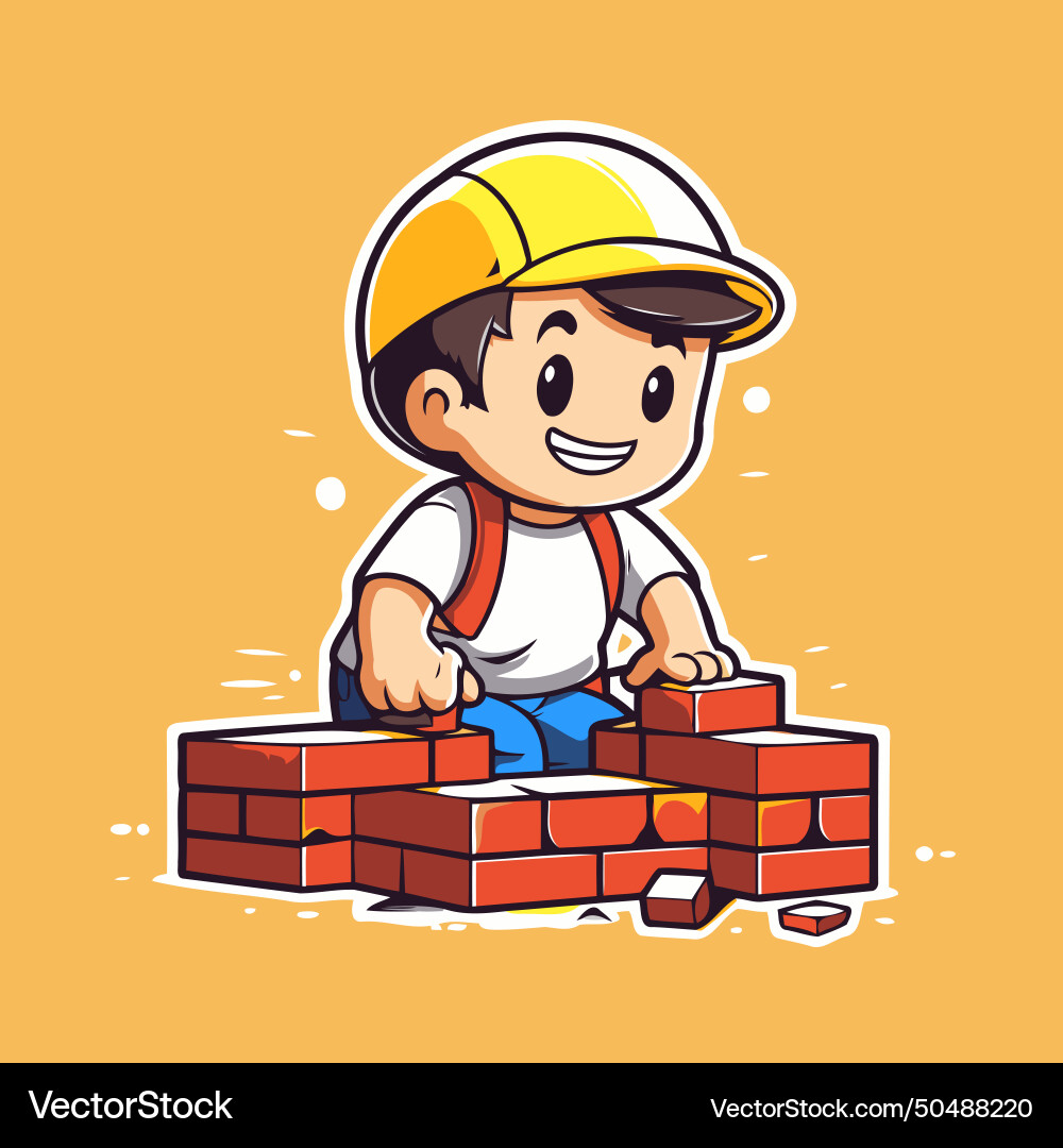 Cartoon bricklayer boy building a wall Royalty Free Vector
