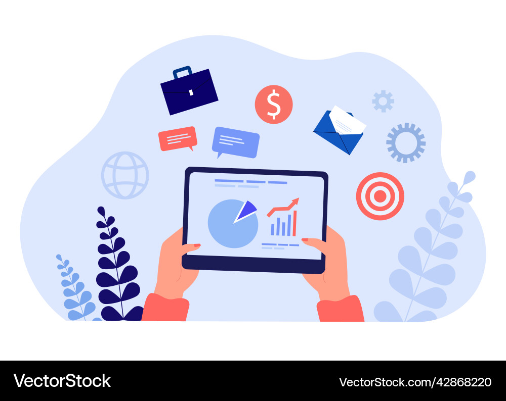 Hands holding tablet with business plan Royalty Free Vector
