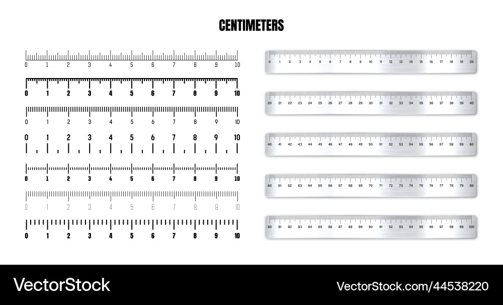Realistic metal rulers with black centimeter scale