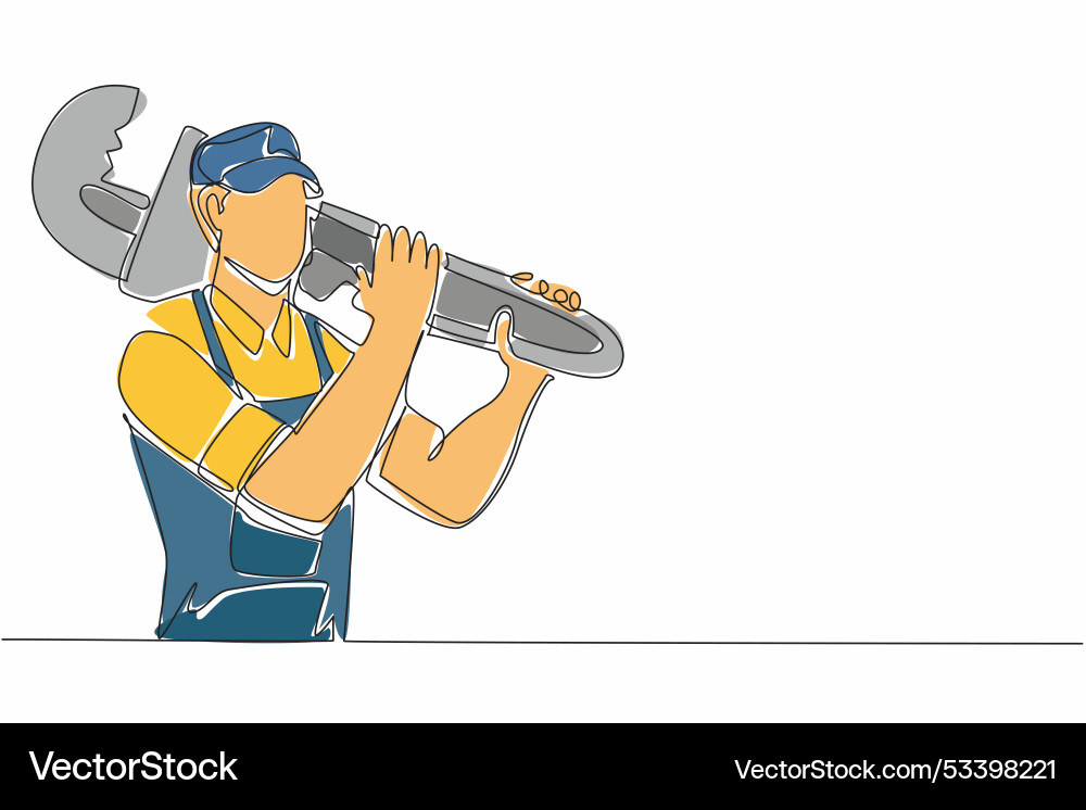 Continuous one line drawing plumber carrying Vector Image