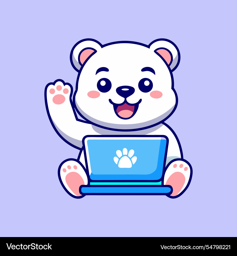 Cute polar bear using laptop with paw print Vector Image