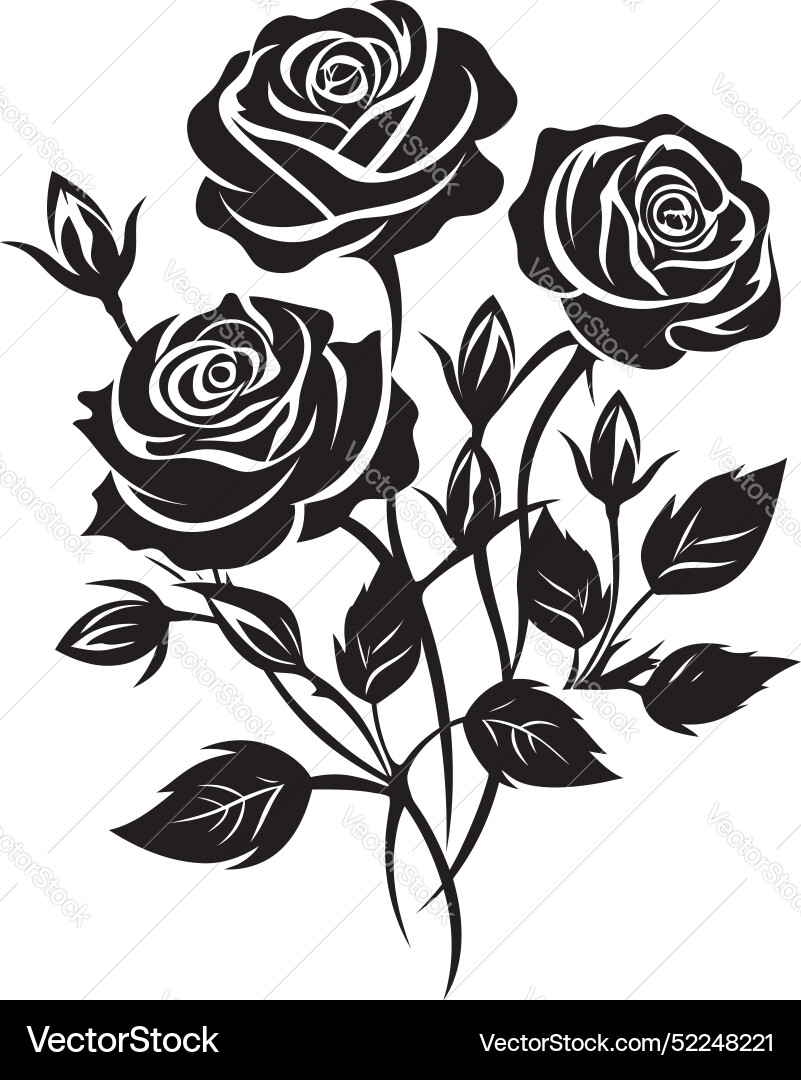 Graceful bloom iconic rose bouquet logo in black Vector Image