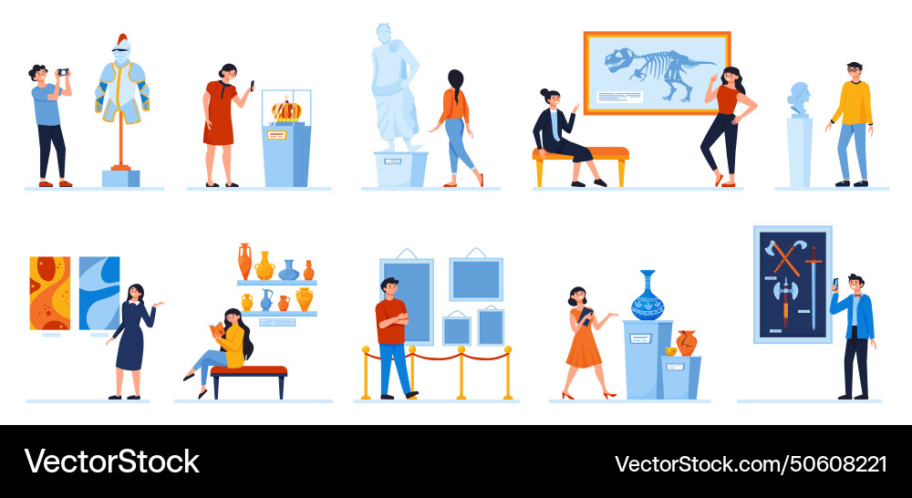 People in museum flat set Royalty Free Vector Image