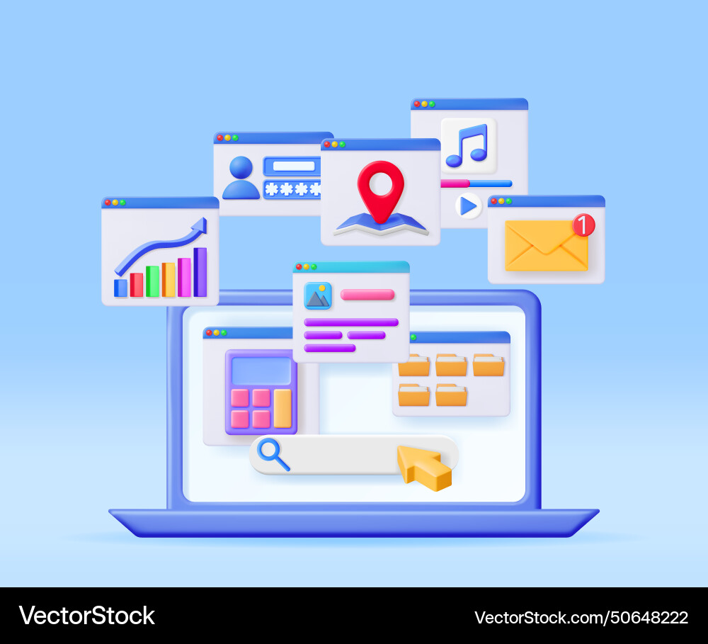 3d laptop application windows interface Royalty Free Vector