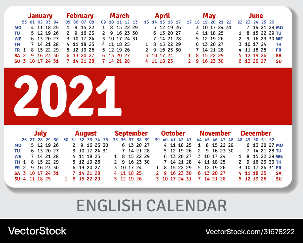 English calendar grid for 2021 Royalty Free Vector Image