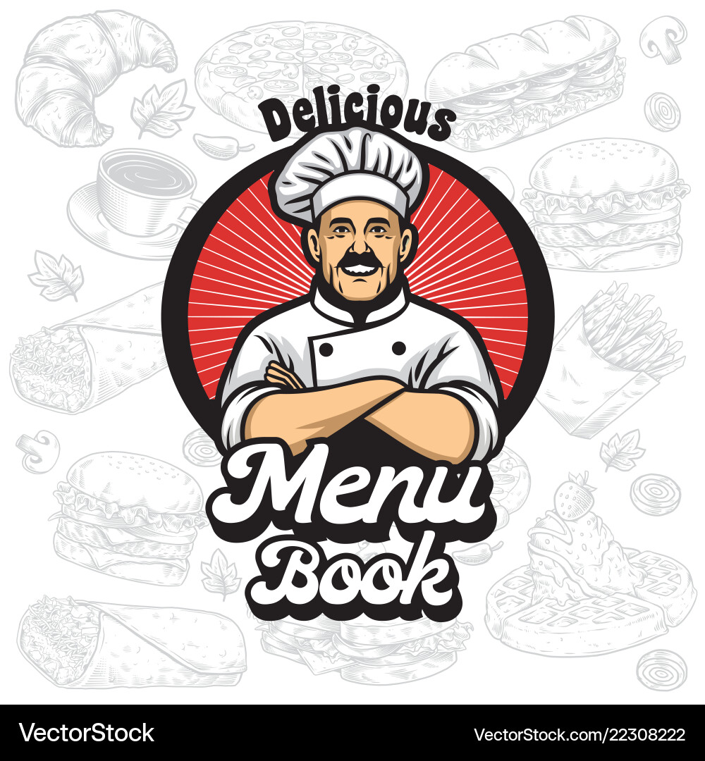 Menu book cover design with chef cartoon Vector Image