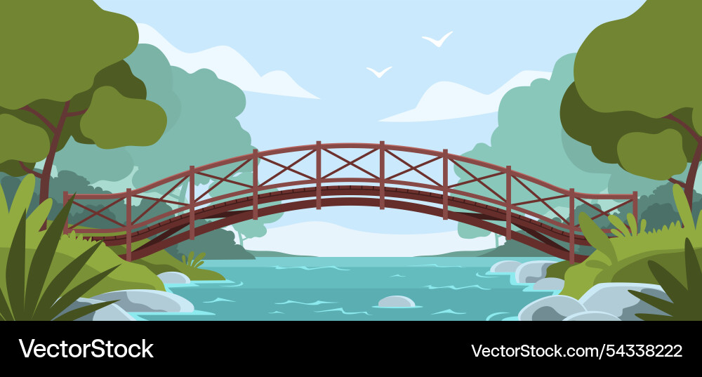 Rustic wooden bridge crossing river picturesque Vector Image