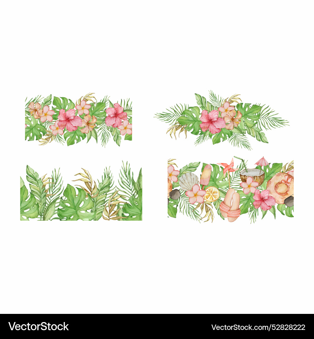 Watercolor tropical borders set with flowers Vector Image