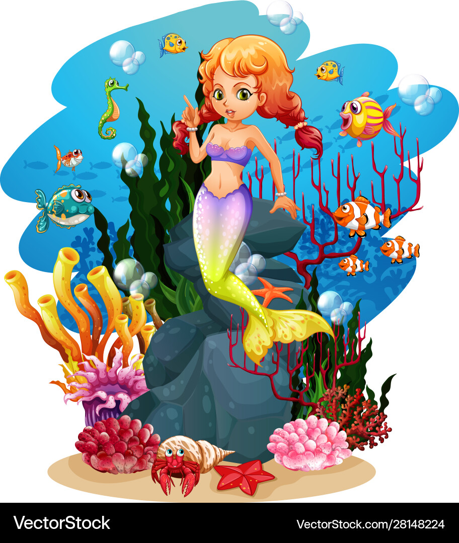 Mermaid and many fish in ocean Royalty Free Vector Image