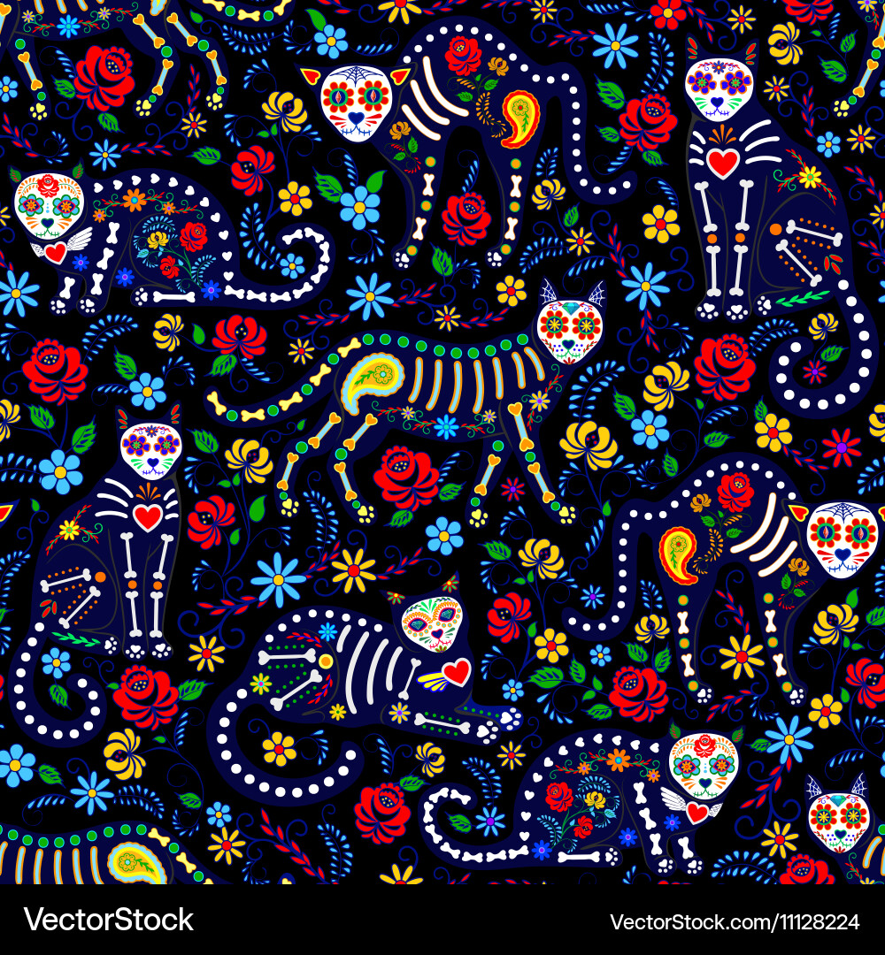 Sugar Skull Cats - Day of the Dead Pattern Vector Image