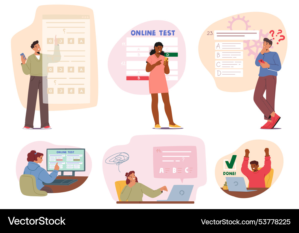 Students taking an online exam with varied Vector Image