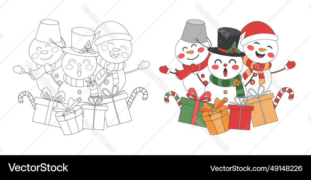 Snowman with christmas gift theme line Royalty Free Vector