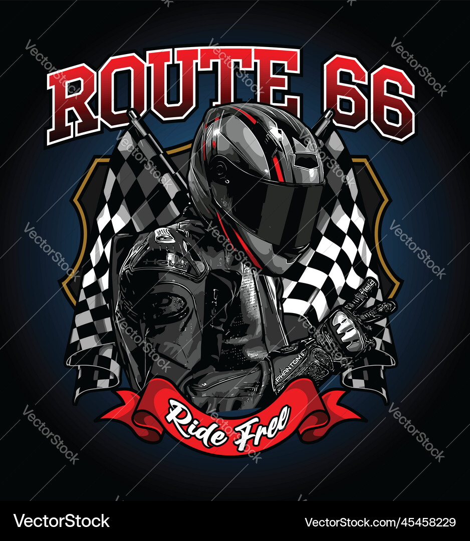 Biker and ribbon with racing flag background Vector Image