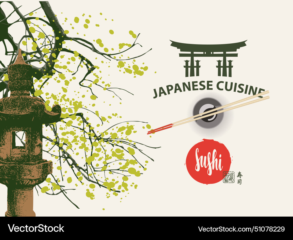 Menu sushi with tree branches and stone lantern Vector Image