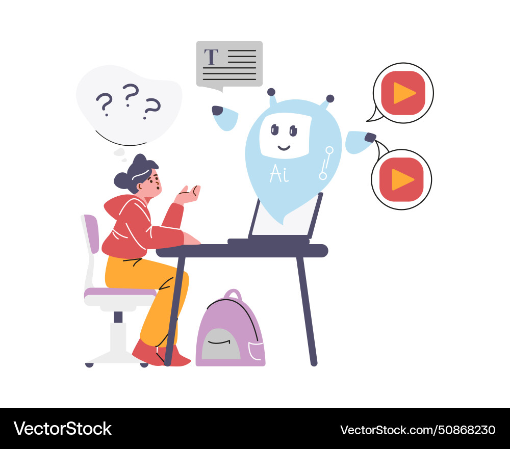 Schoolgirl with laptop studying chat bot Vector Image