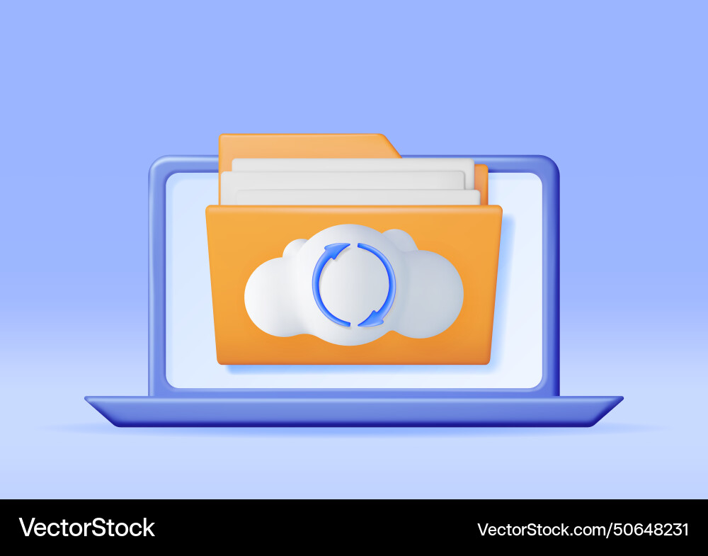 3d folder in clouds with file sync icon on laptop Vector Image