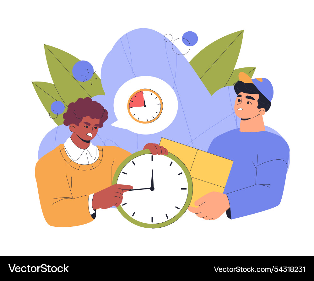 Delivery man late dissatisfied customer complains Vector Image