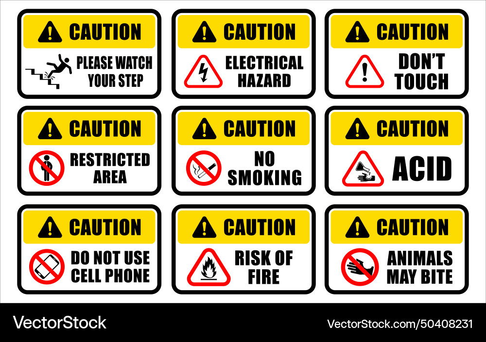 Warning caution dangerous area sign set Royalty Free Vector