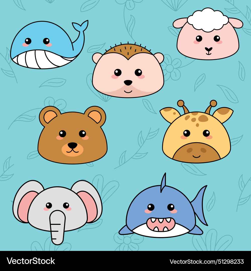 Cute kawaii emoji animal icons set Royalty Free Vector Image