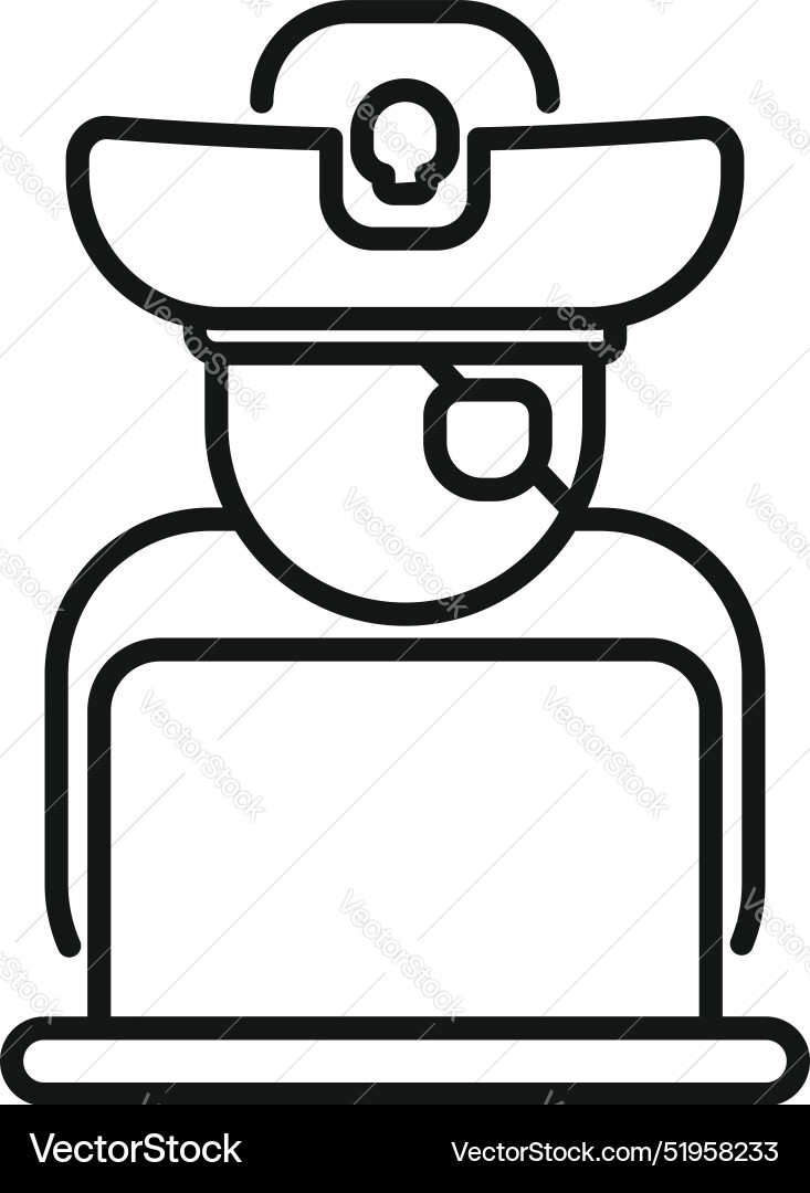 Hacker wearing pirate hat and eye patch working Vector Image