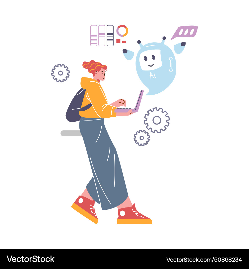 Girl student goes with laptop study chat bot Vector Image