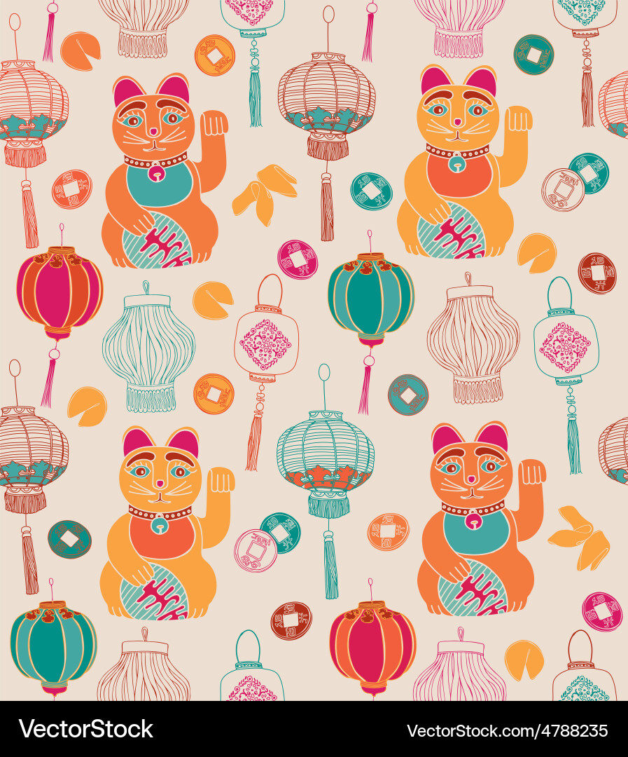 Chinese lanterns lucky cat Royalty Free Vector Image