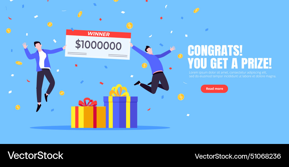 Happy lottery winners with big prize paycheck Vector Image