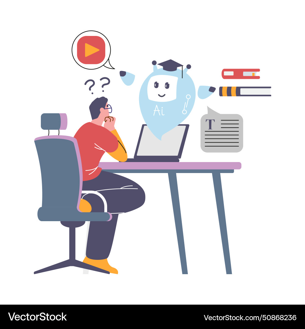 Schoolboy with laptop studying chat bot Royalty Free Vector