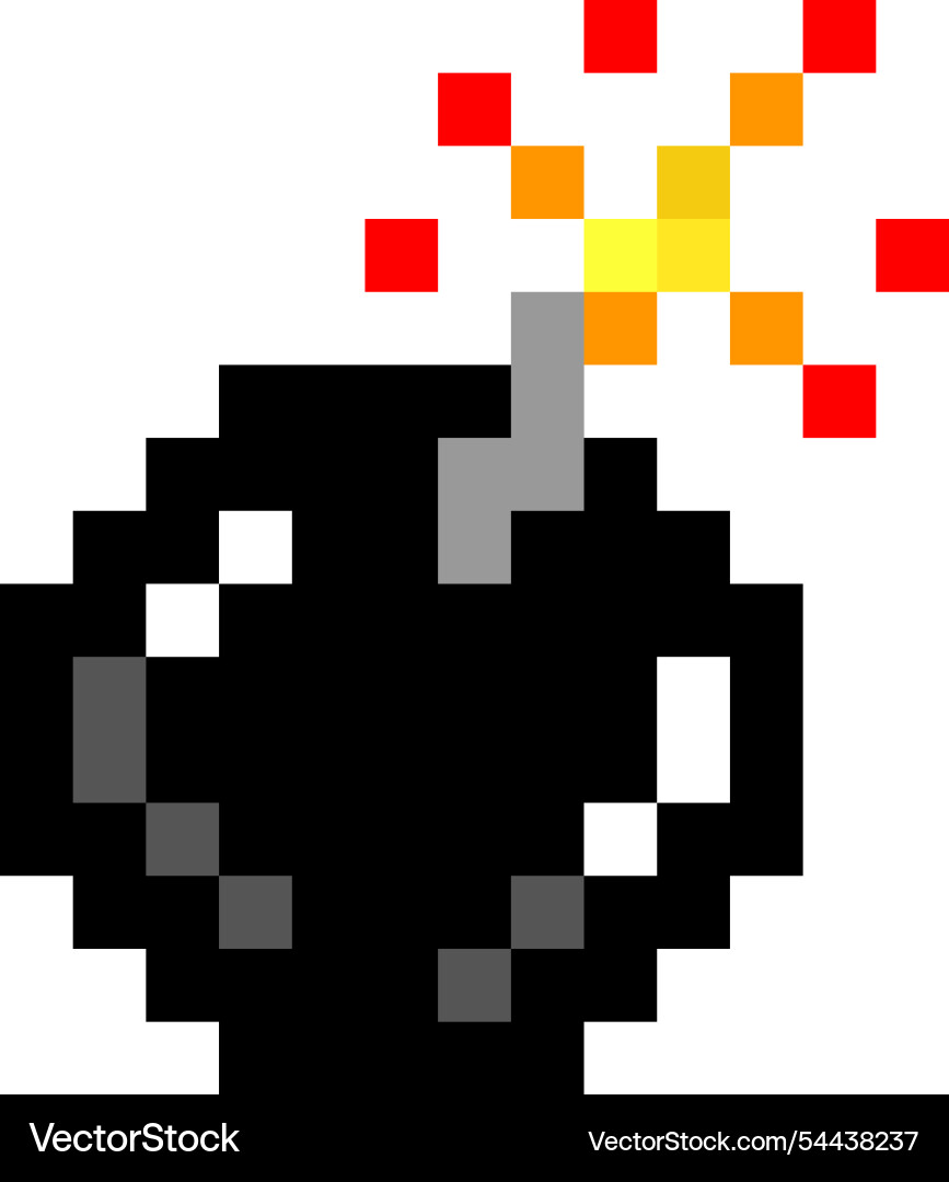 A black pixelated bomb with red and yellow flame Vector Image