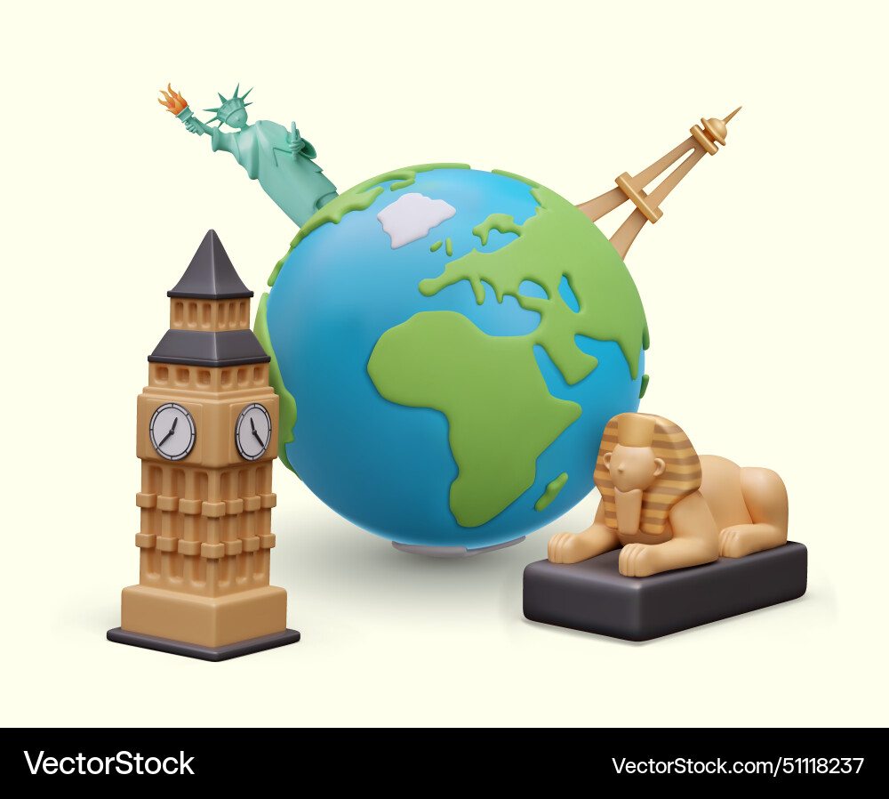 Realistic earth eiffel tower statue of liberty Vector Image