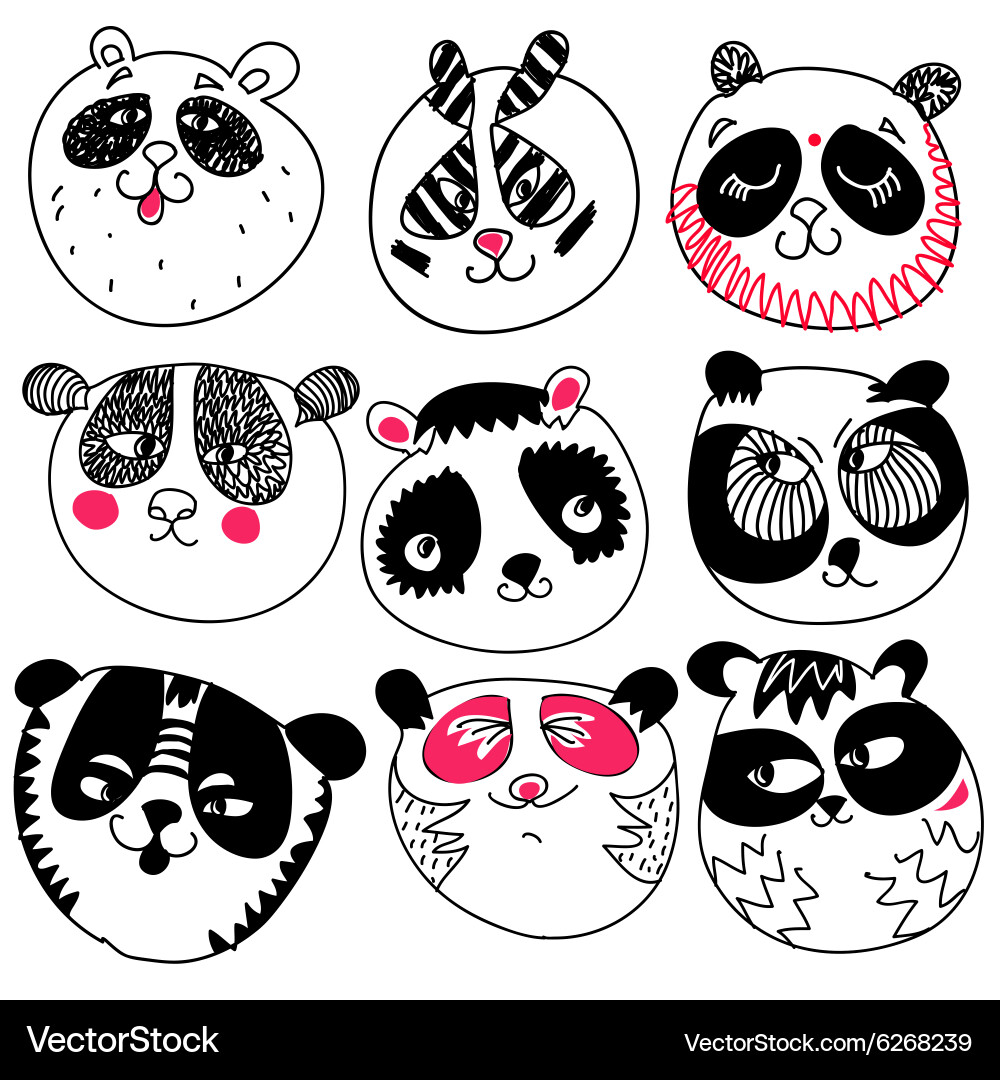 Panda head doodle set on white background Vector Image