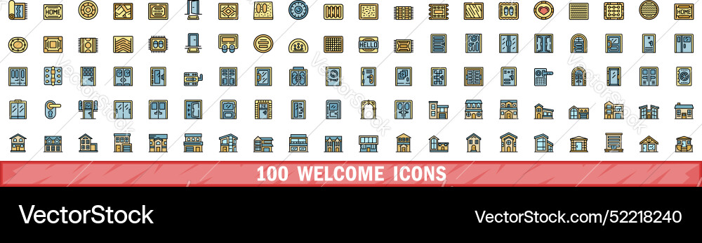 100 welcome icons set color line style Royalty Free Vector