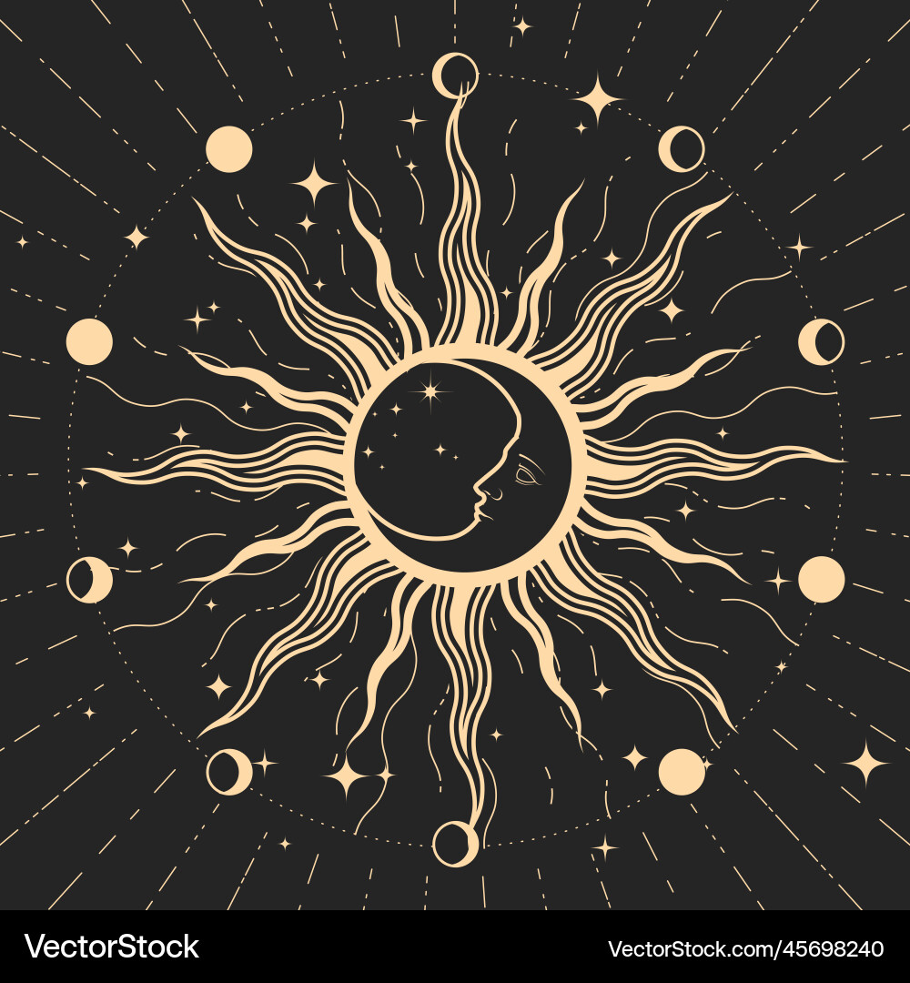 Sun and half-moon with face lunar phase star Vector Image