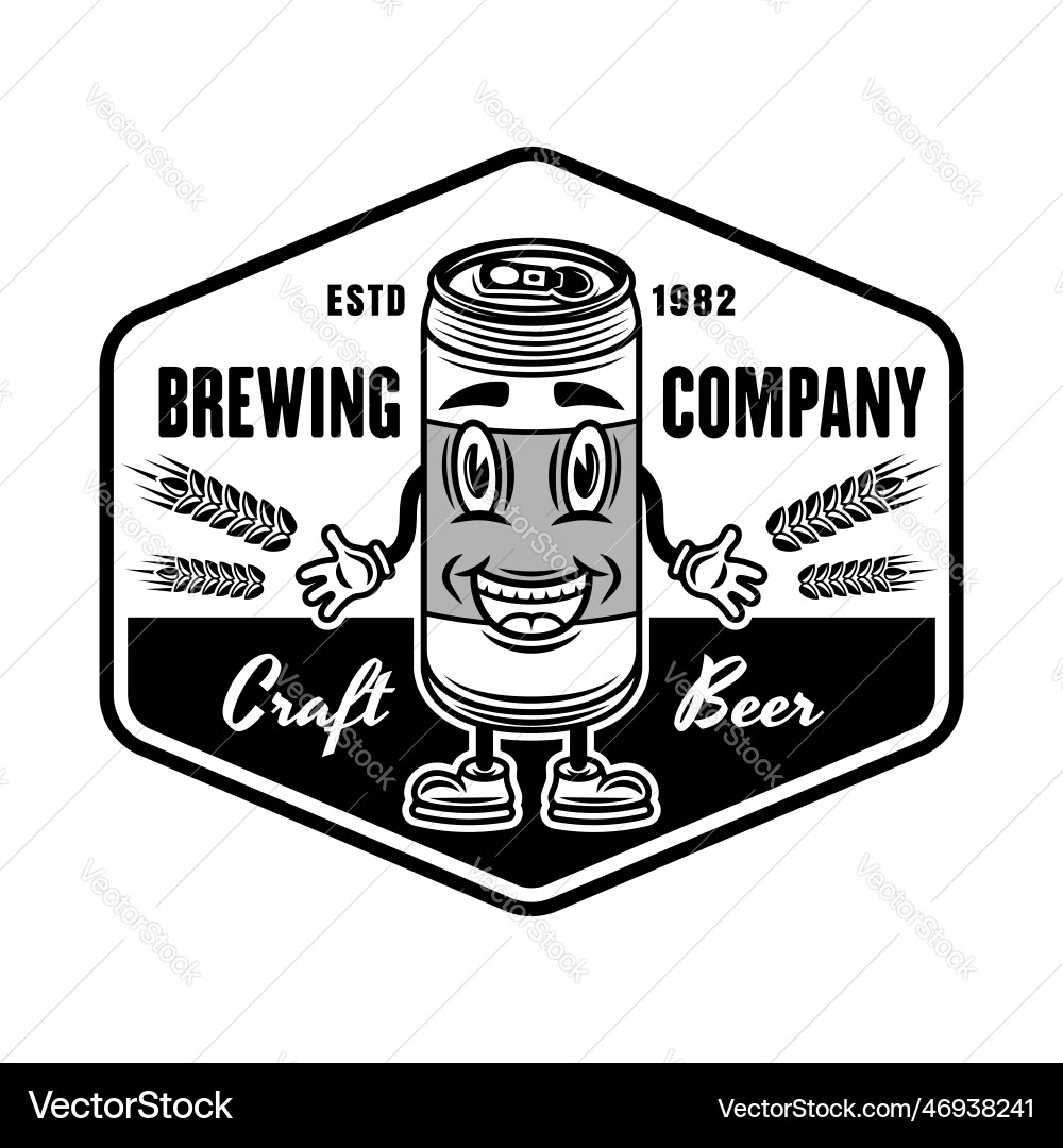 Beer can smiling character monochrome Royalty Free Vector