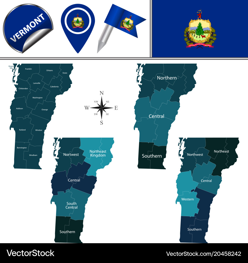 Map of vermont with regions Royalty Free Vector Image