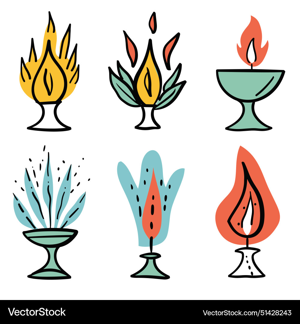 Set six stylized flame cartoon Royalty Free Vector Image