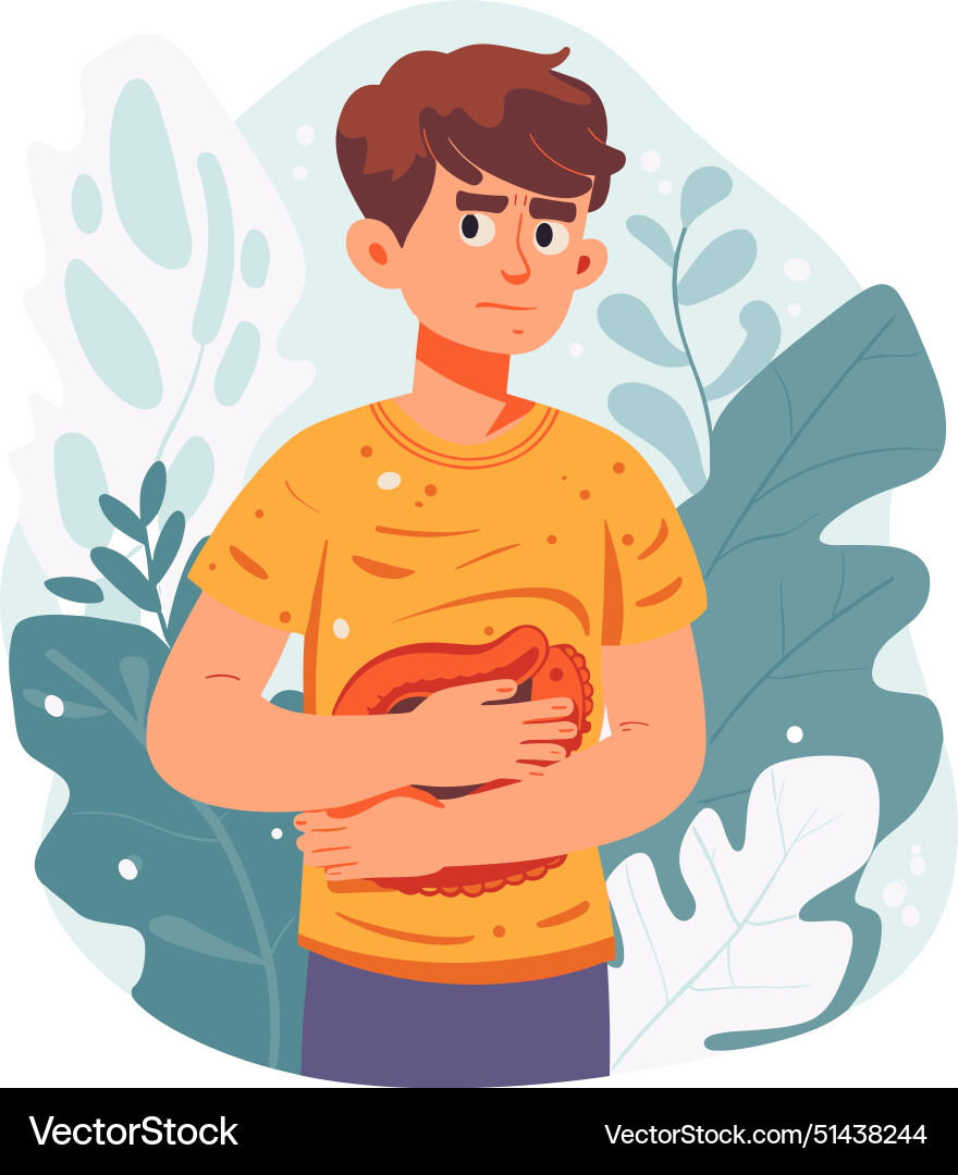 Abdominal pain cartoon scene young guy Royalty Free Vector