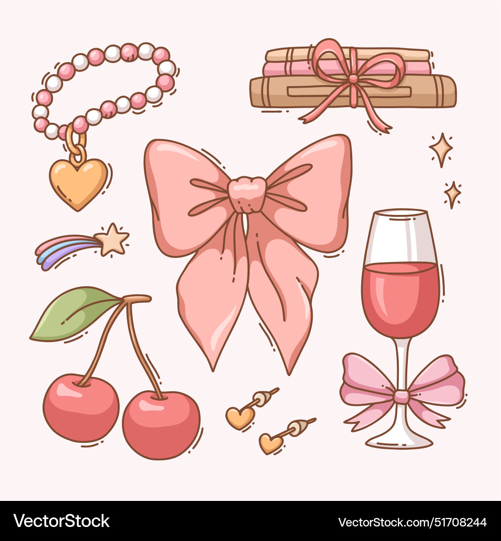 Cute girly elements set with cherries bows wine Vector Image